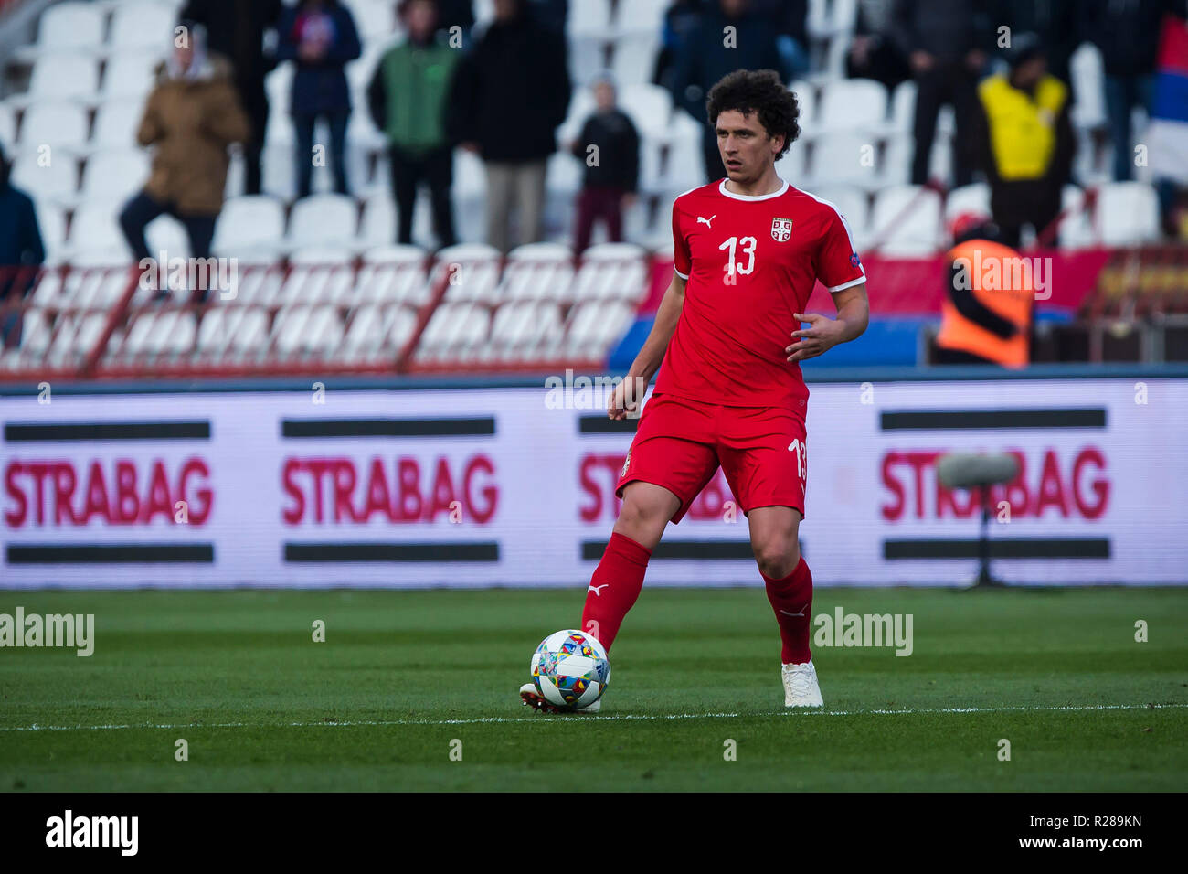 Belgrade, Serbia. 17th November 2018. Milos Veljkovic of Serbia comes ...
