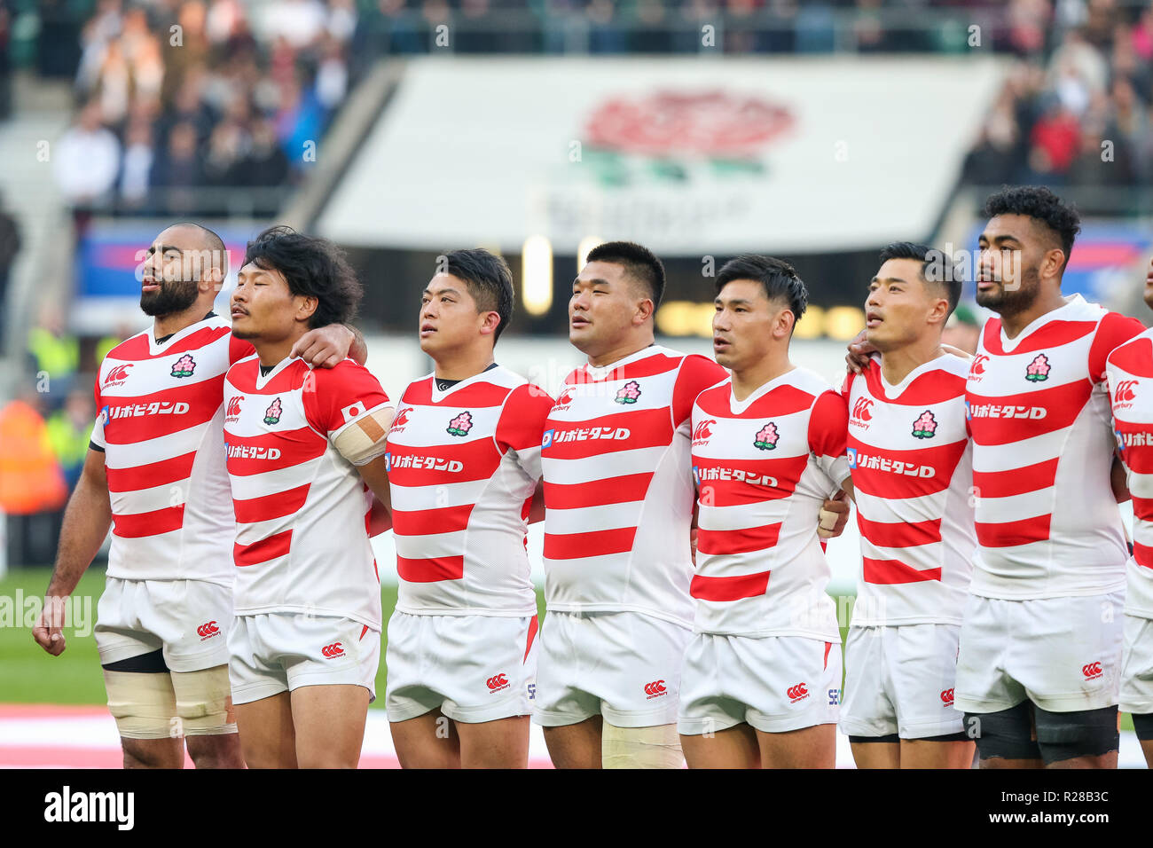 London, UK. 17th Nov, 2018. Japan team lines up for the national anthem ...
