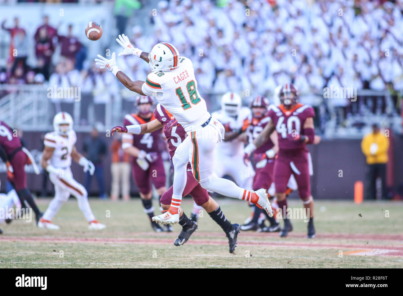 Blacksburg, VA, USA. 17th Nov, 2018. Miami Hurricanes wide receiver ...