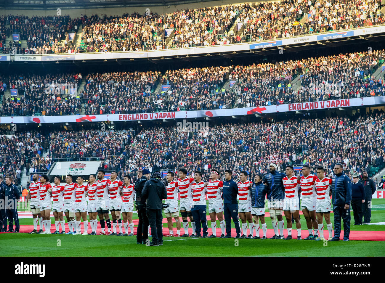 London, UK. 17th Nov, 2018. Japan team lines up for the national anthem ...