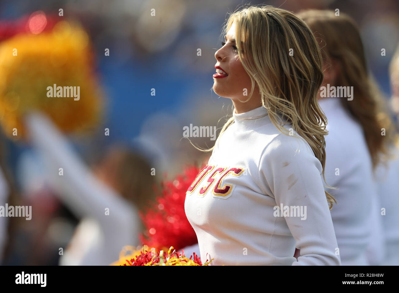 Pasadena, CA. 17th Nov, 2018. A USC Song Girl looks out toward the ...
