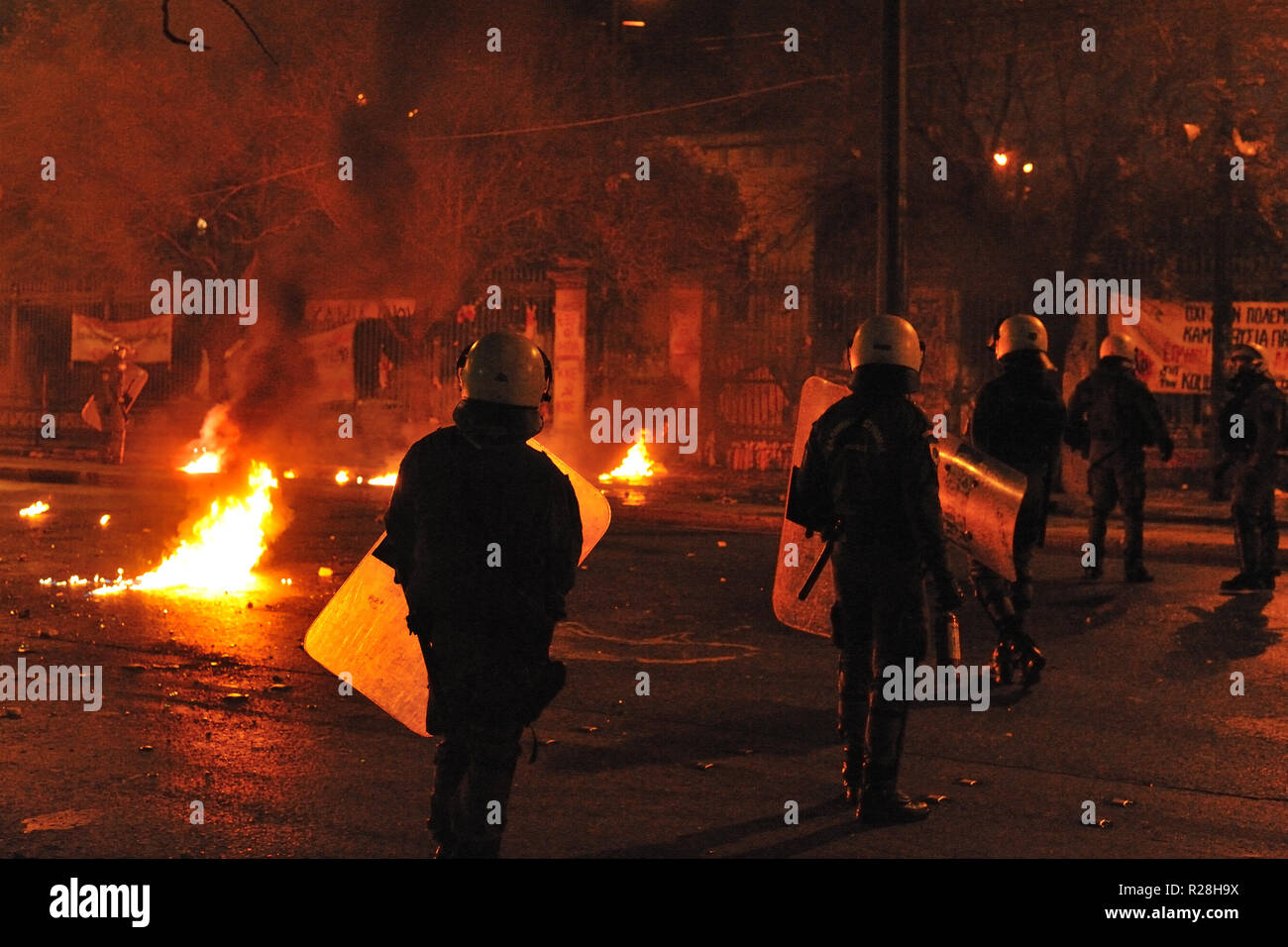 Athens, Greece. 17th Nov 2018. Petrol bombs explode close to anti-riot ...