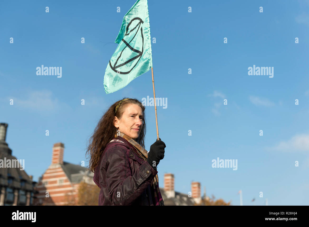 Environmental activists seen holding a green flag with the Extinction ...