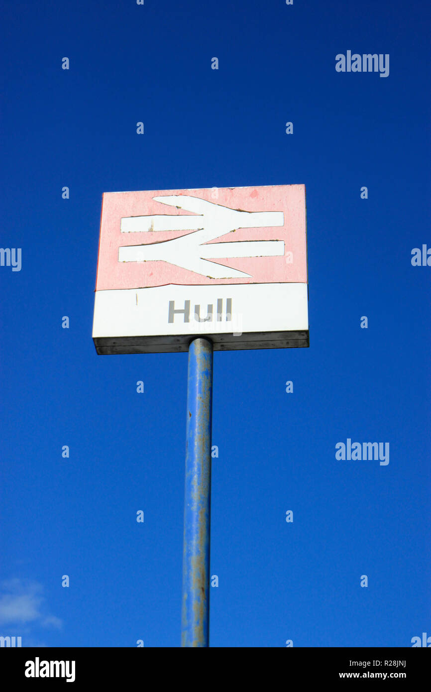 Hull railway station sign against deep blue sky Stock Photo - Alamy