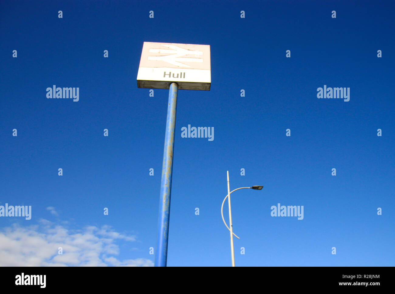 Hull railway station sign against deep blue sky Stock Photo - Alamy