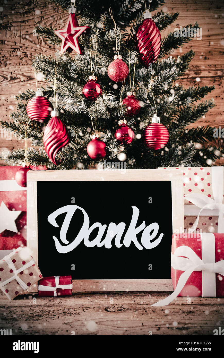 Vertical Tree, Gifts, Calligraphy Danke Means Thank You, Snowflakes ...