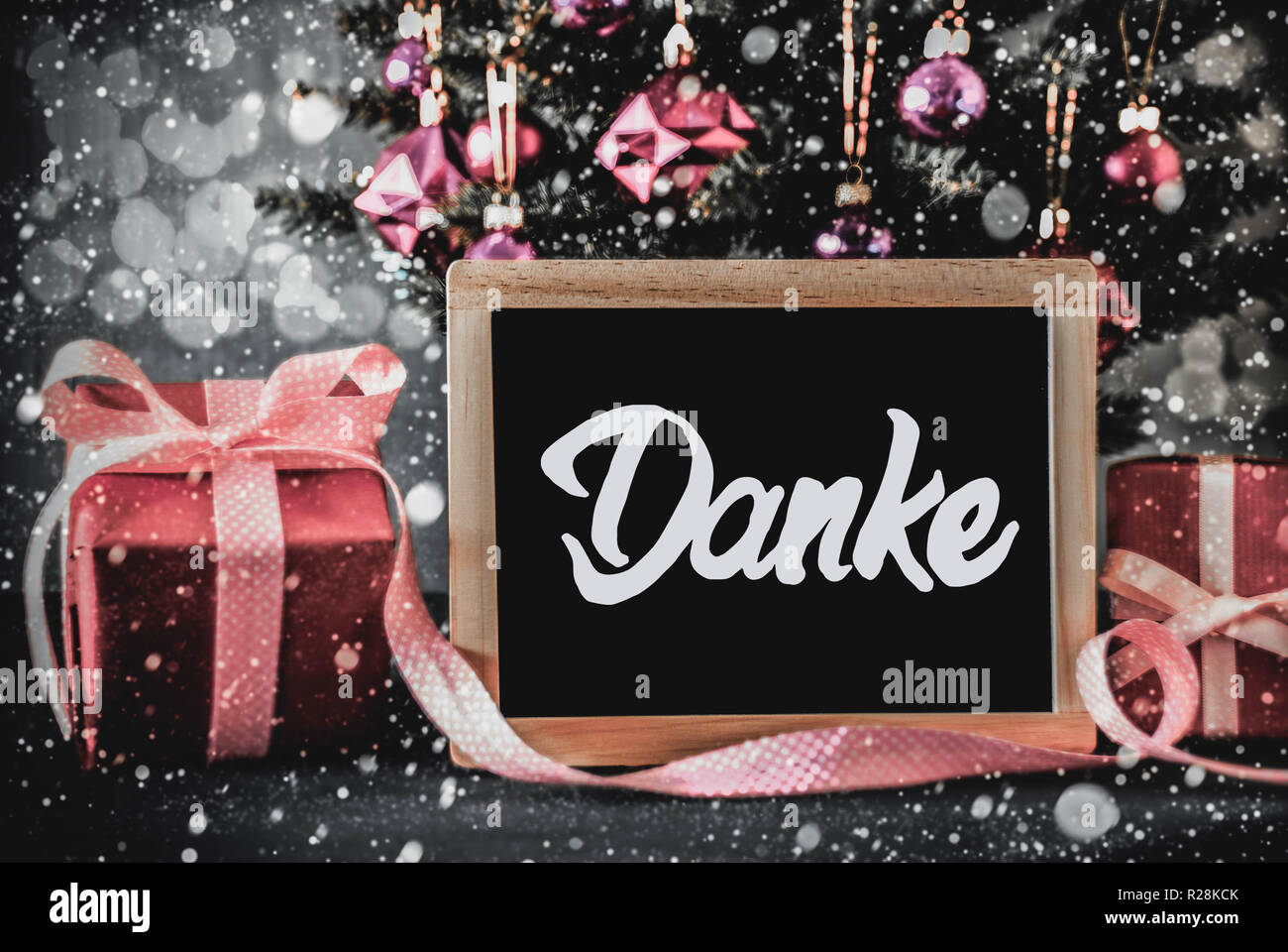 Tree, Presents, Calligraphy Danke Means Thank You Stock Photo - Alamy