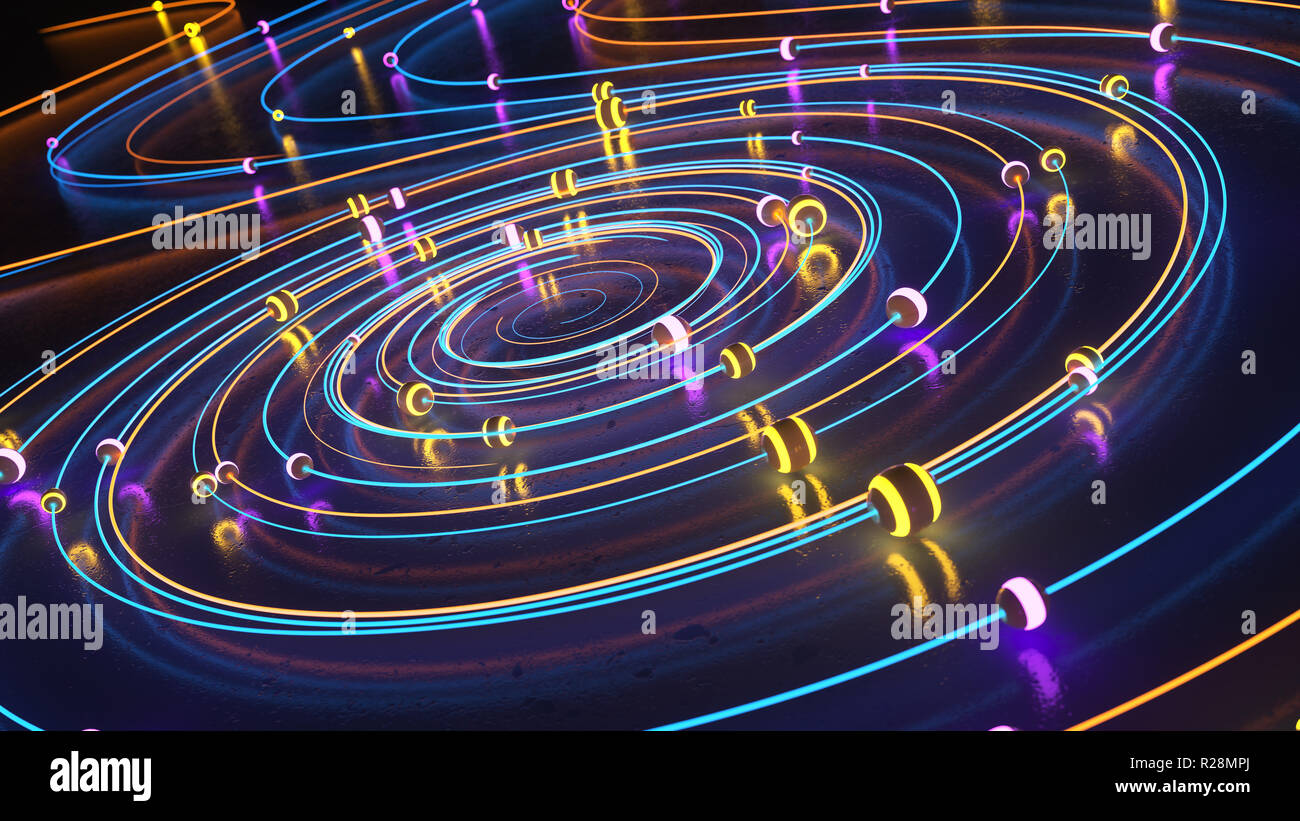 Glowing spheres moving along bright swirled lines. 3D illustration ...