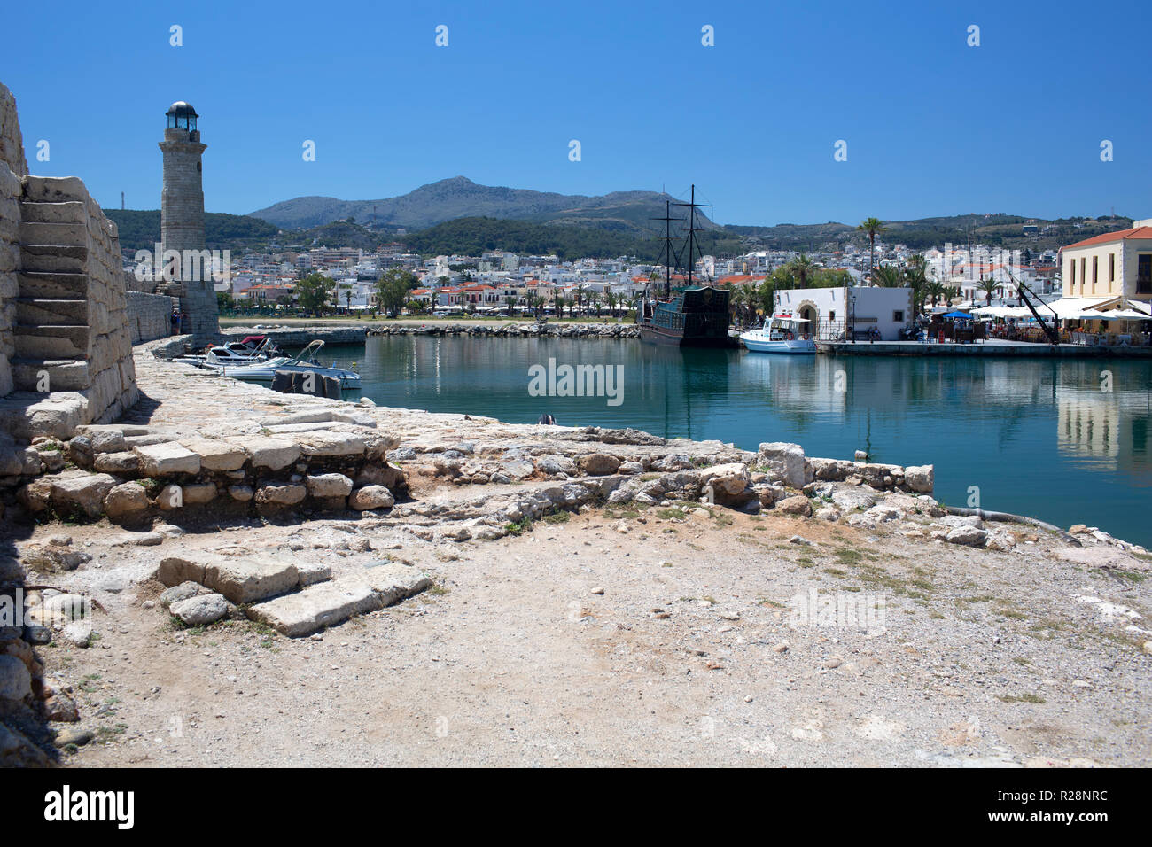 View of the port of Rethymnon, Crete: water area, ships, tower Stock ...