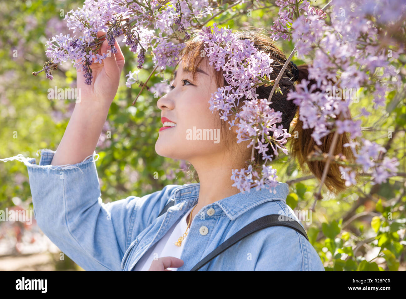 Outdoor portrait of beautiful happy young woman enjoying spring flower ...