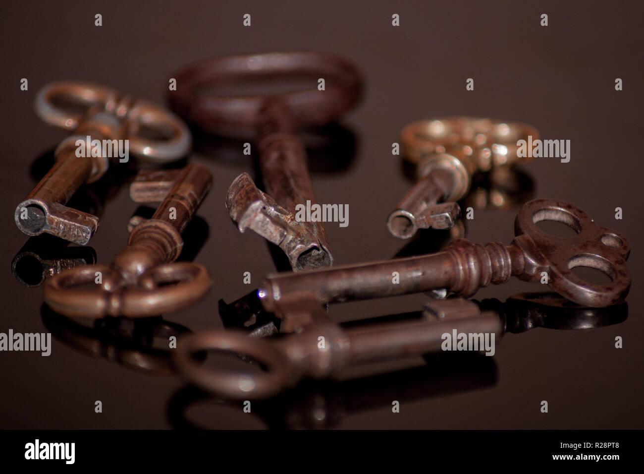Six old rusty keys with reflections Stock Photo - Alamy