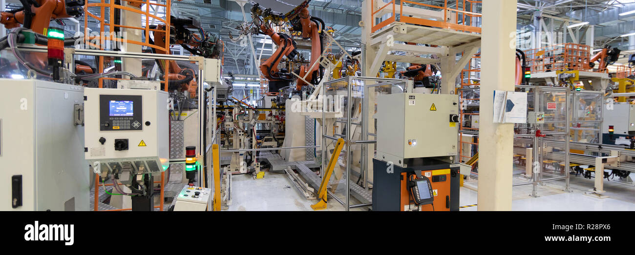 Automated Assembly process of cars by robots. Automotive production ...