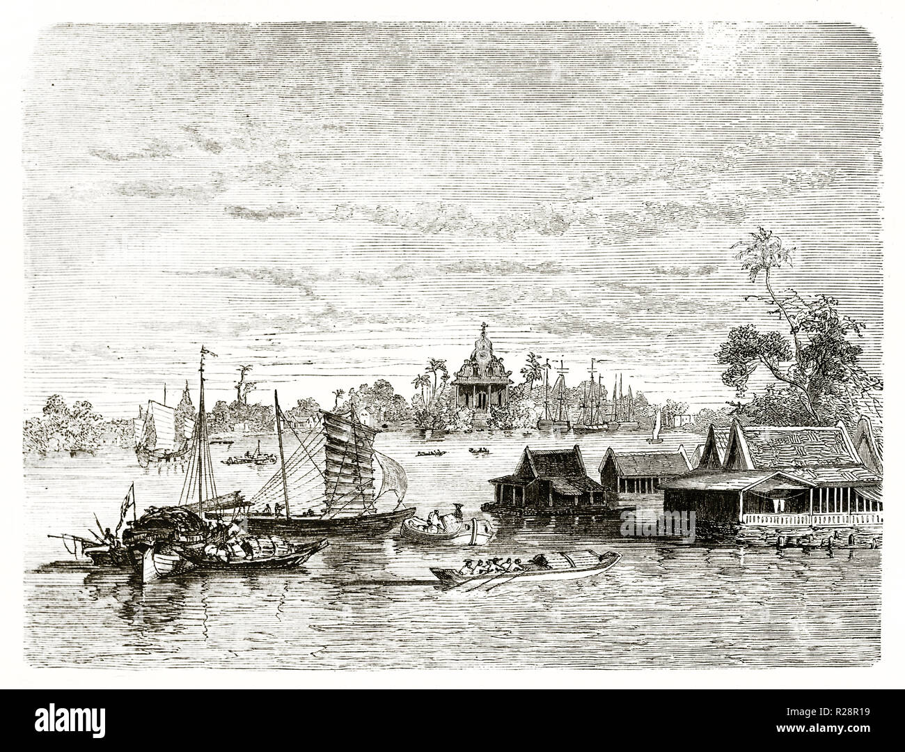 Old view of Bangkok seaport and docks, Thailand. By Sabatier after ...