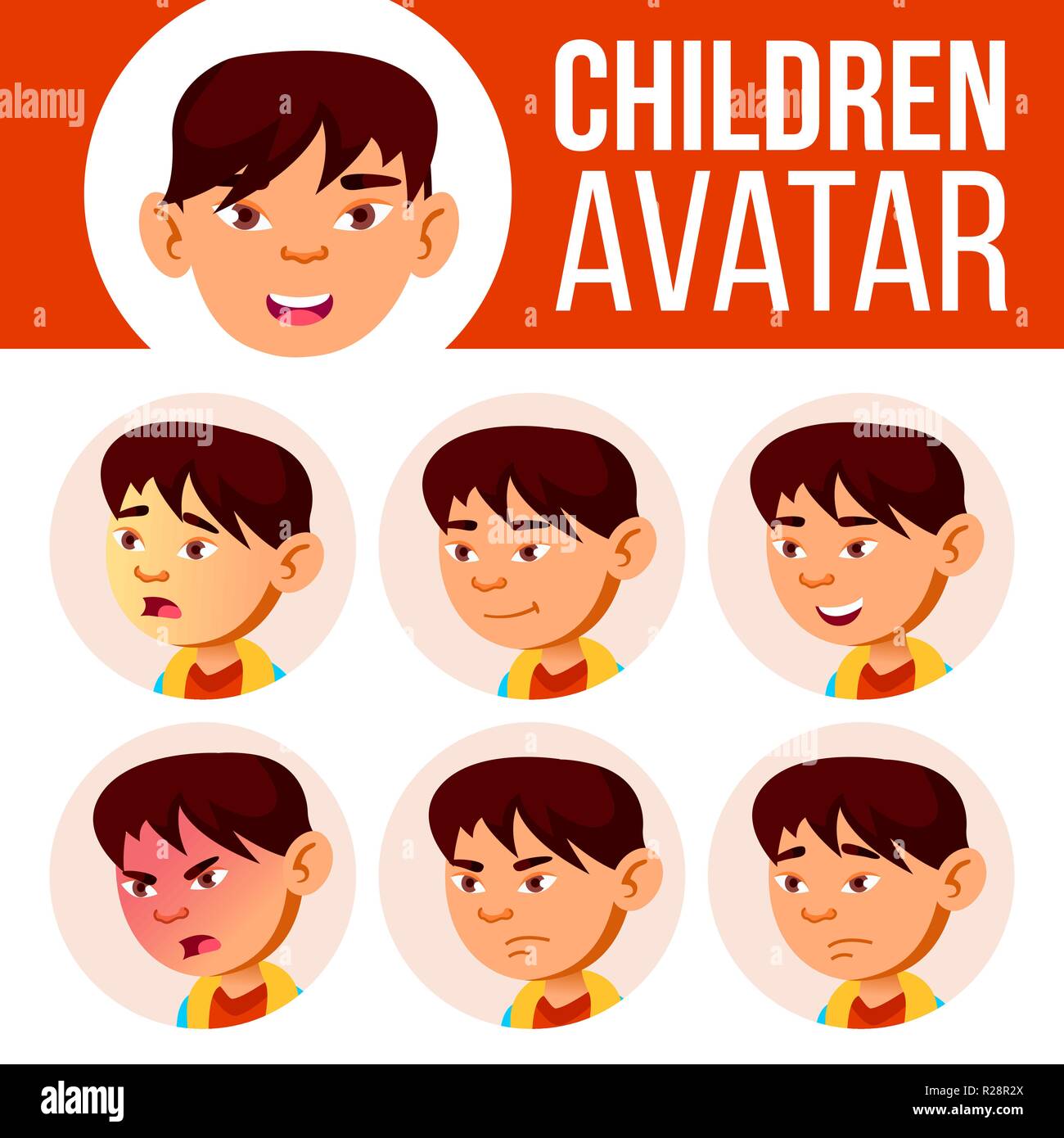 Asian Boy Avatar Set Kid Vector. Primary School. Face Emotions. School ...