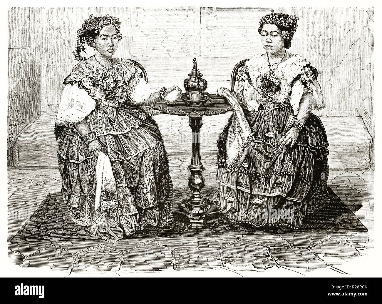 Old engraved portrait of two ladies of the King of Thailand. By ...