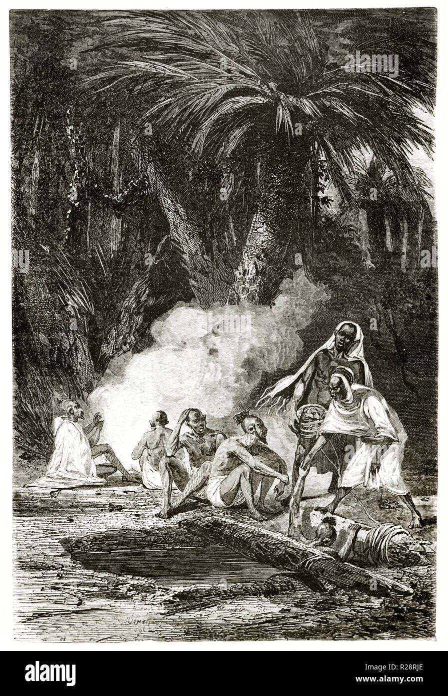 Old illustration of indigenous diving in a well to repair in Ouagla ...