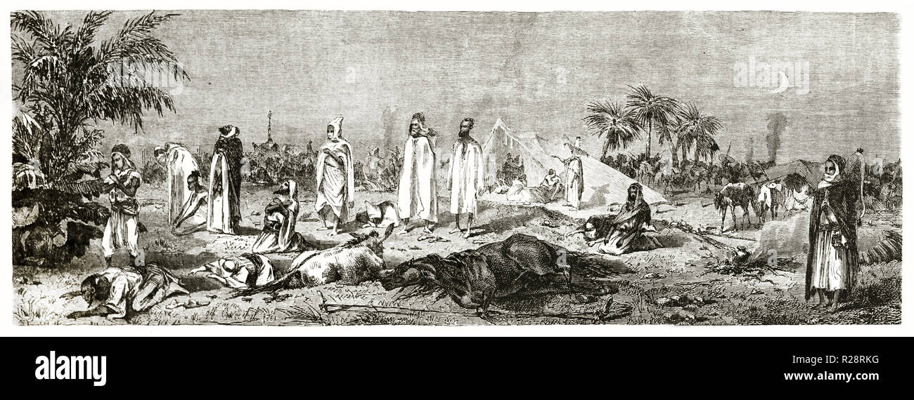 Old illustration of Maghreb people praying at evening, Algeria. By ...