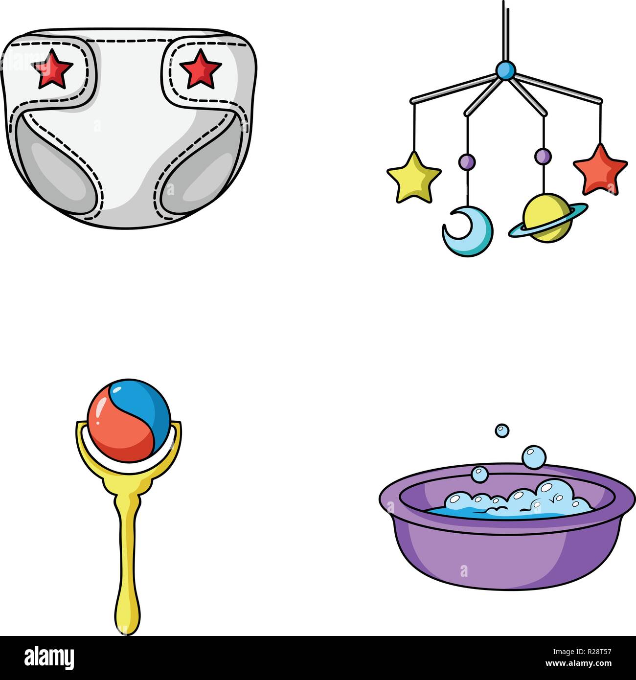 Children's diapers, a toy over the crib, a rattle, a children's bath ...
