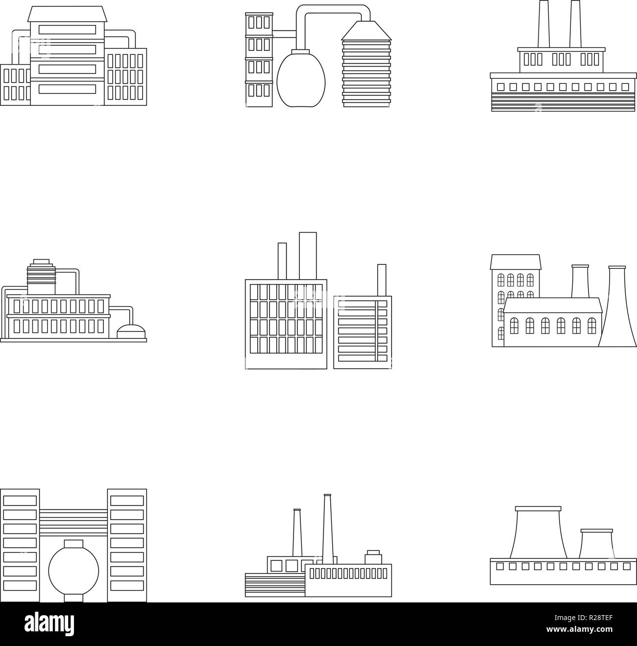 Factory set icons in outline style. Big collection of factory vector ...