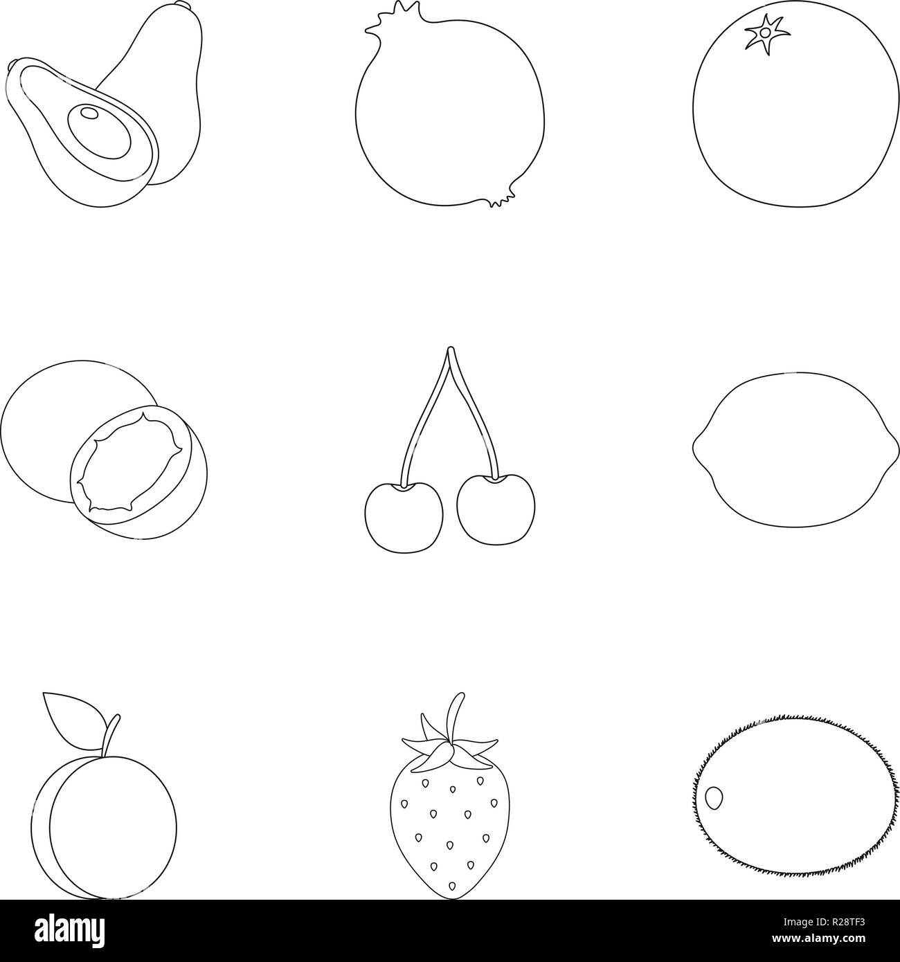Fruits set icons in outline style. Big collection of fruits vector ...