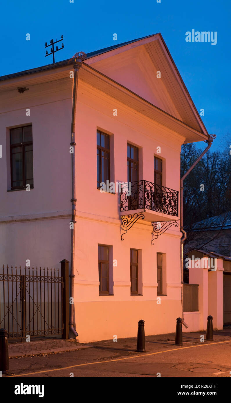 Old house with balcony at Soviet street in Plyos. Ivanovo oblast ...
