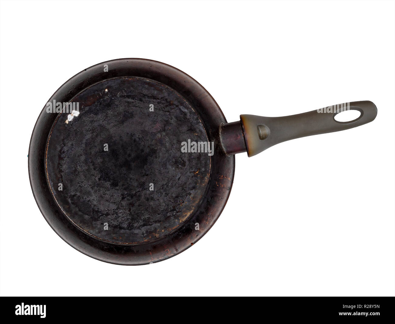 Old encrusted, burned frying pan, isolated on white. Underside Stock ...