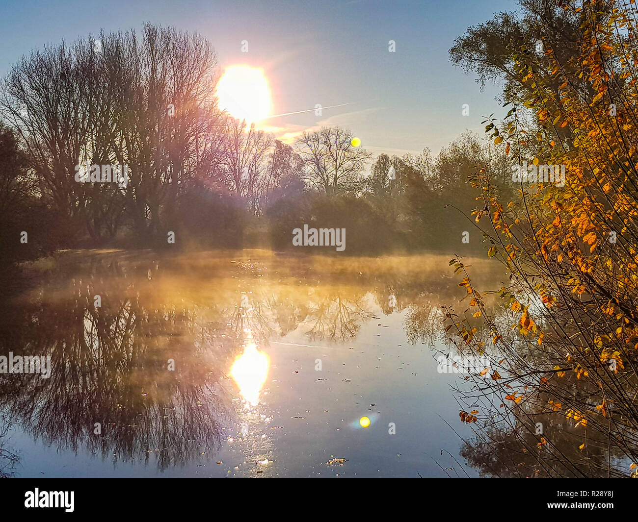 The reflection of the rising sun on the foggy river Stock Photo - Alamy