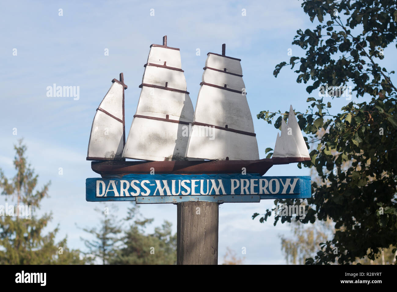 Prerow, Germany - October 9, 2018: View of a sign in the shape of a ...