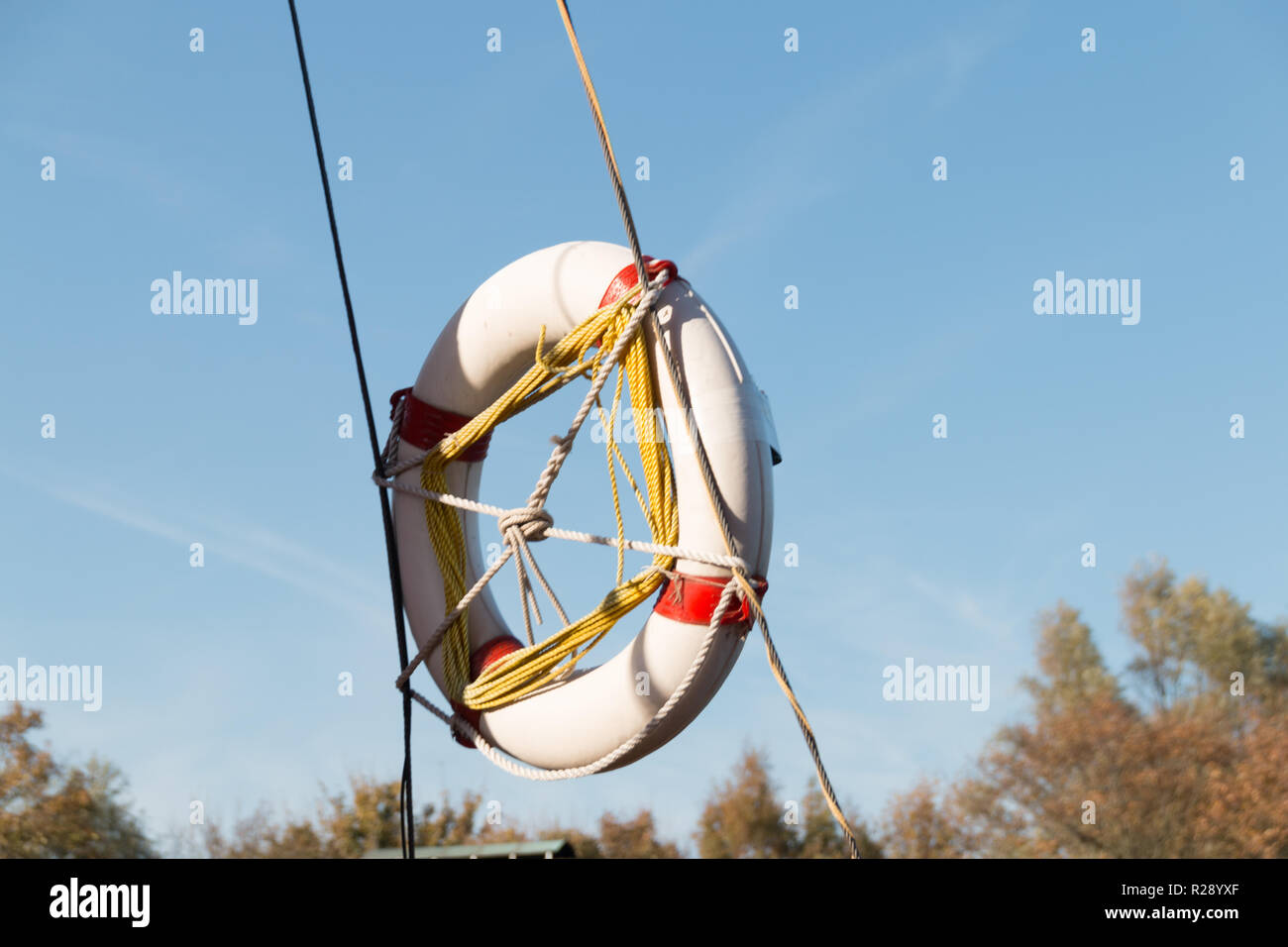 View of a lifebelt. Lifebelt on a boat Stock Photo - Alamy