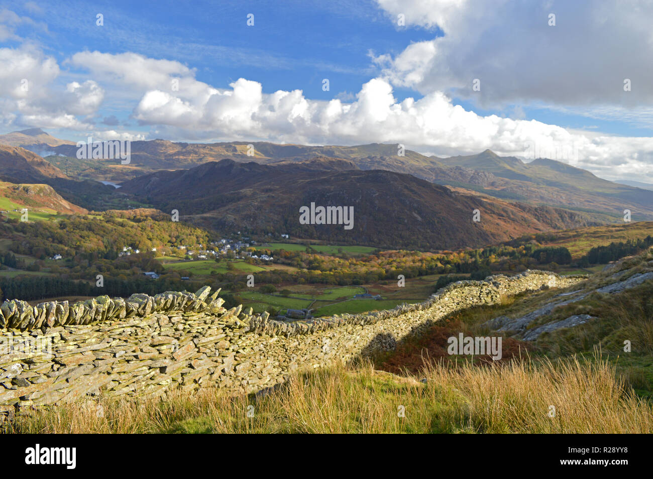 Views looking over Beddgelert on slopes to summit of Moel Hebog Stock ...