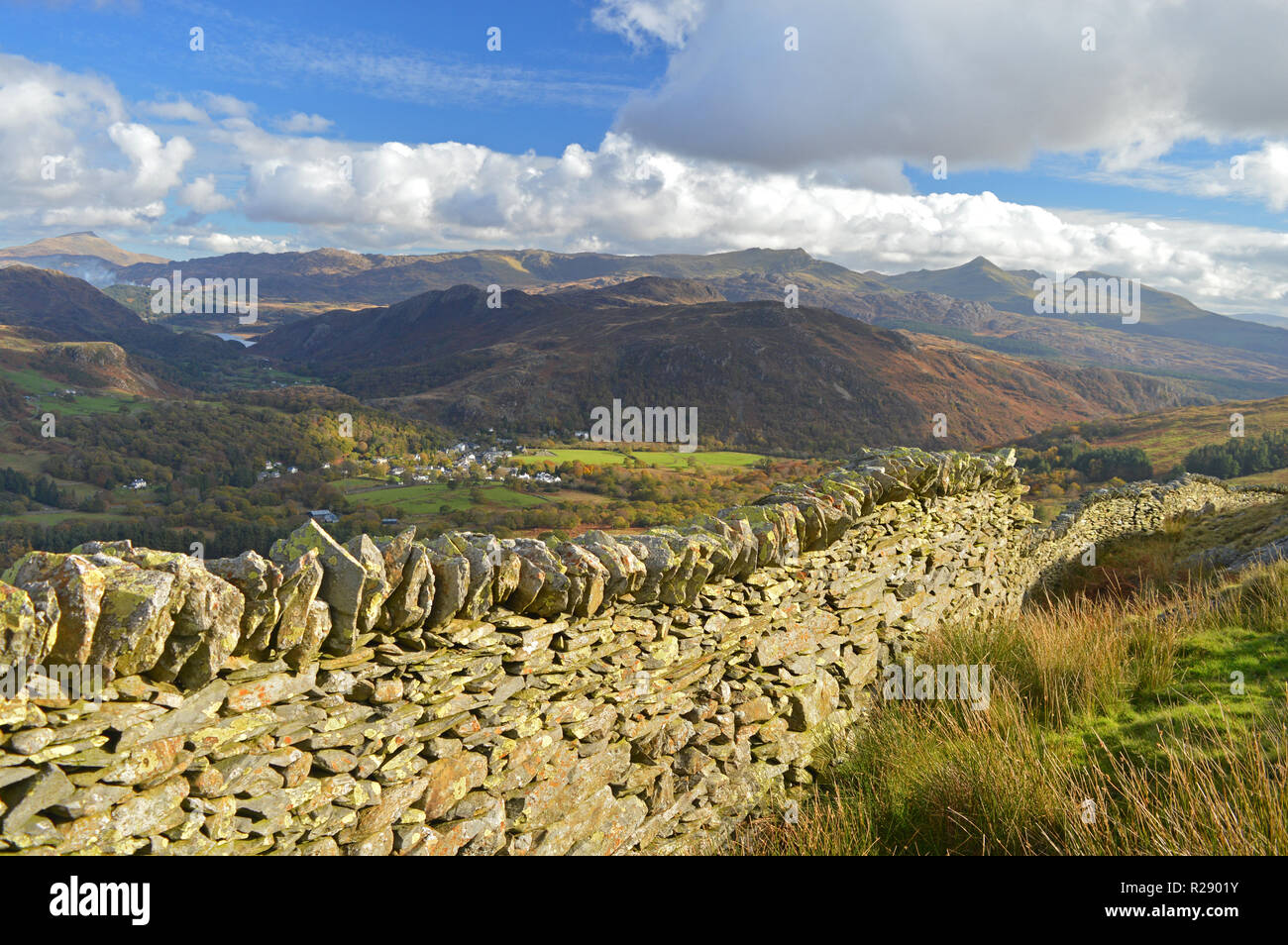 Views looking over Beddgelert on slopes to summit of Moel Hebog Stock ...