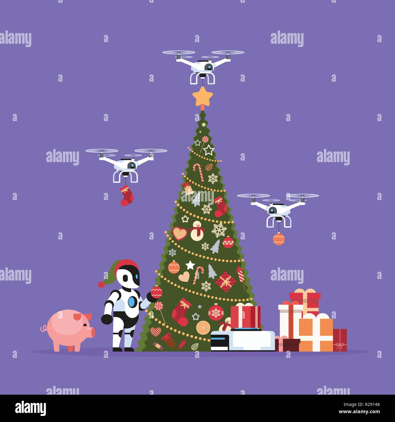 modern robot in santa claus hat near decorated fir tree gift box drone ...