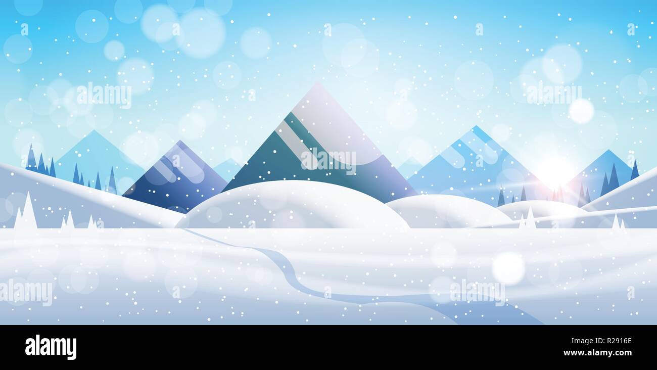 Winter mountain forest landscape background pine snow trees woods flat ...