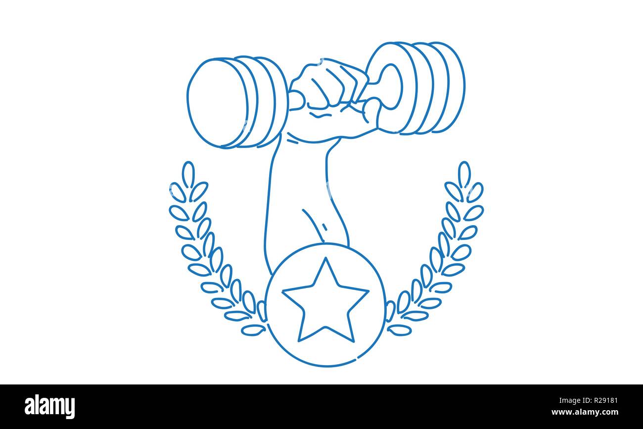 Bodybuilder hand holding barbell fitness gym logo modern sport center ...