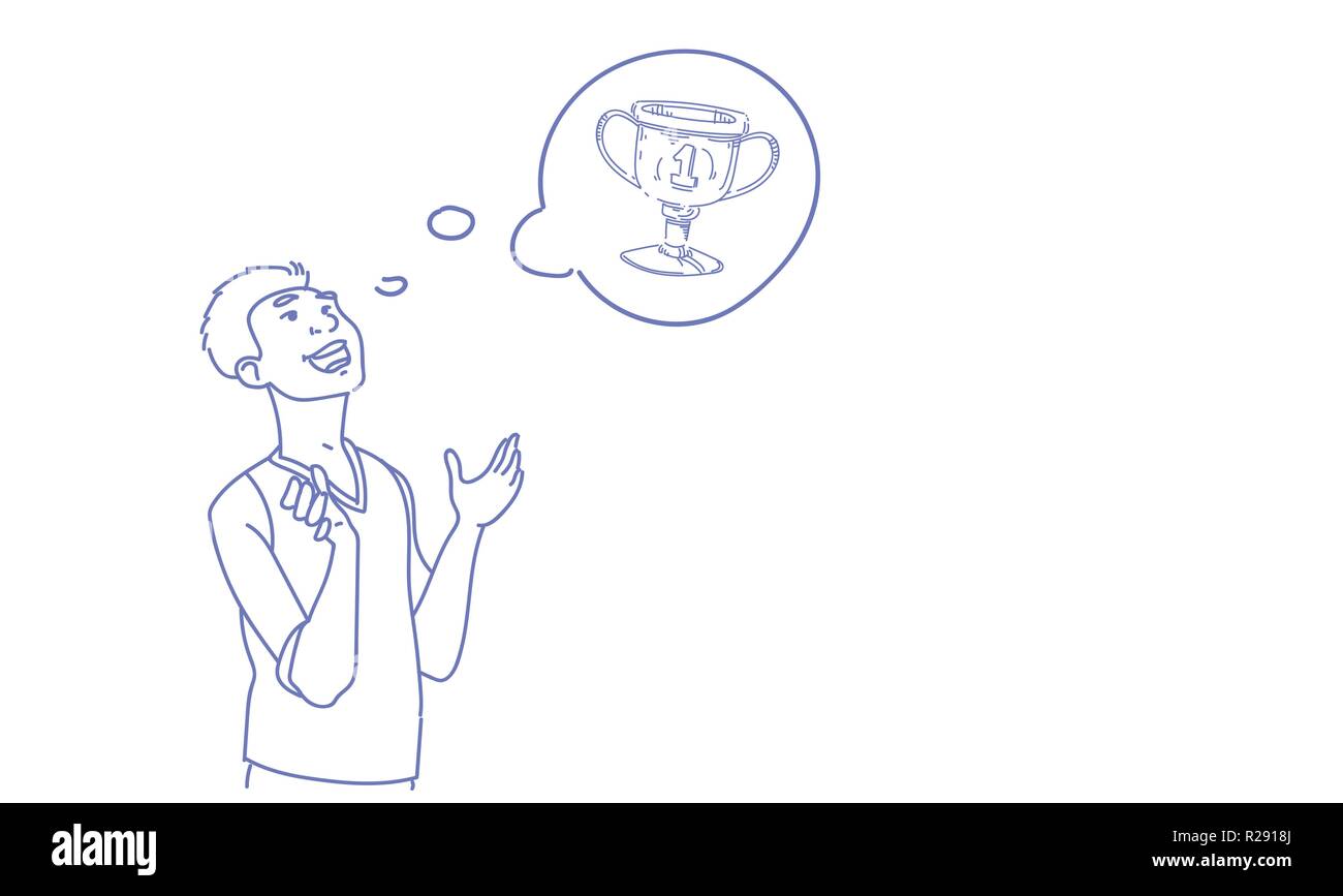Man thinking about winner trophy cup first place motivation concept ...