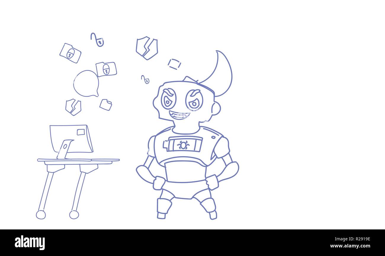 Robot Hacking Private Database From Computer Hacker Bot Data Theft Concept Sketch Doodle