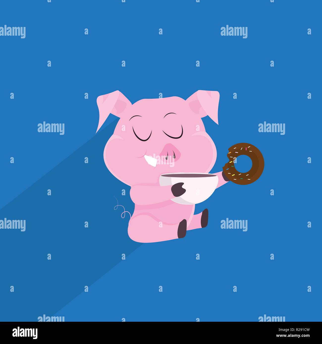 cute pig symbol of 2019 chinese new year hold donuts with coffee merry ...