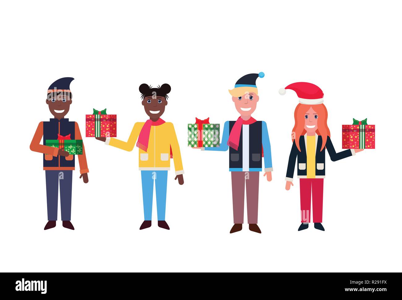 mix race people hold present gift box happy new year merry christmas ...