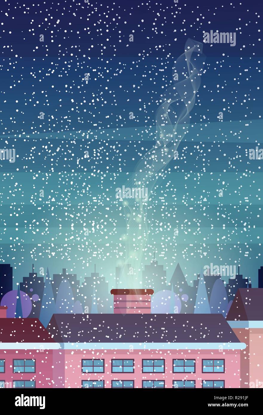 chimney winter night city building houses cityscape background merry ...