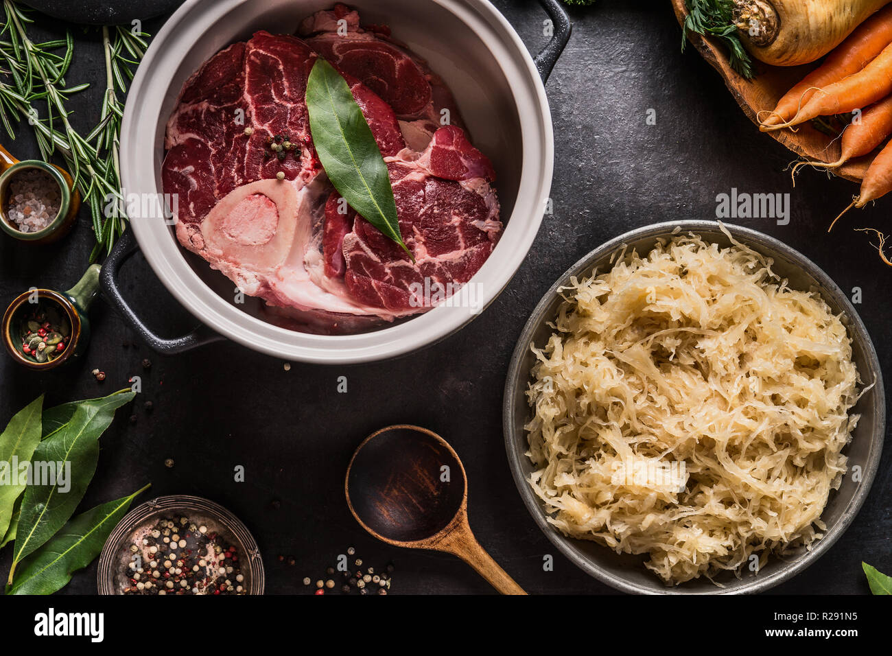Ingredients for low carb pickled cabbage and beef meat stew or soup ...
