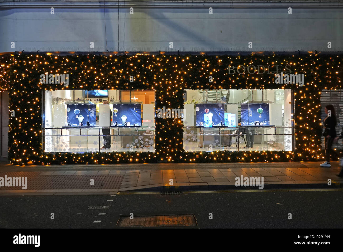 Window of Boodles Jewellers lit up for Christmas in Lord St Liverpool ...