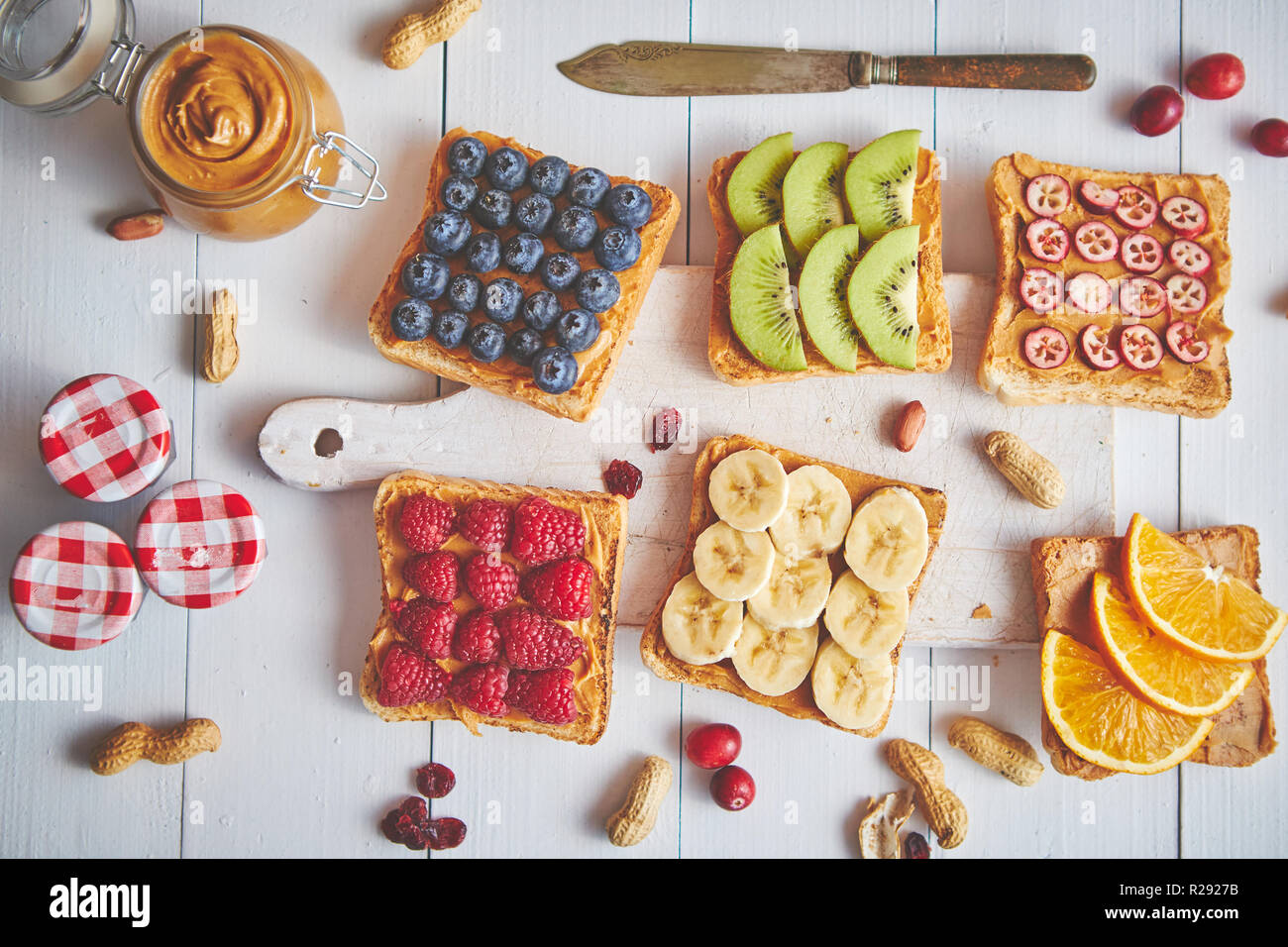 Assortment of healthy fresh breakfast toasts Stock Photo - Alamy