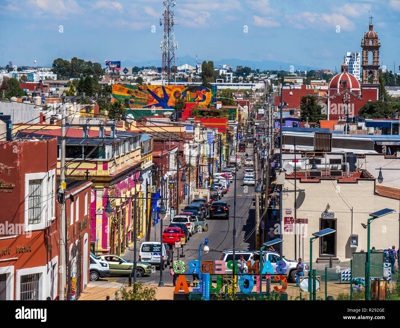 Cholula, Mexico - Oct 24, 2018: Beautiful skyline of the colonial town ...