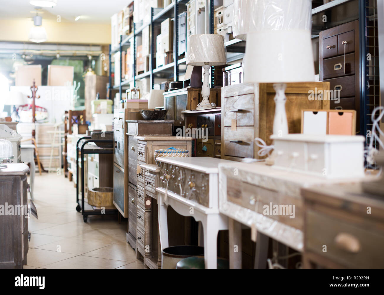 Wide assortment of vintage furniture and home design objects in shop ...