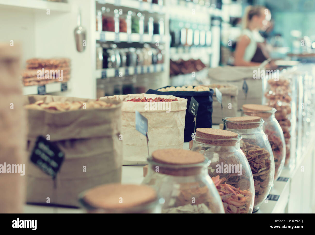 Image of showcase with dried fruits and nuts in container in the store ...