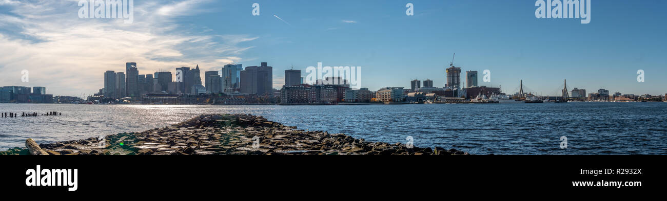 Wide Angle Panorama of Downtown Boston Buildings with Blue Skies and ...