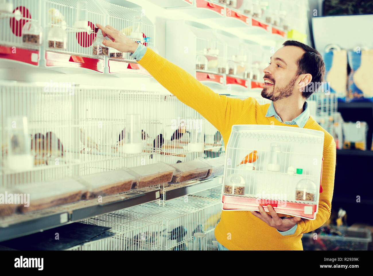 Young happy man choosing pretty bird for keeping in pet shop Stock ...