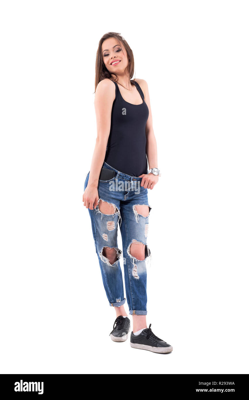 Charming attractive young fashion model woman posing with raised ...