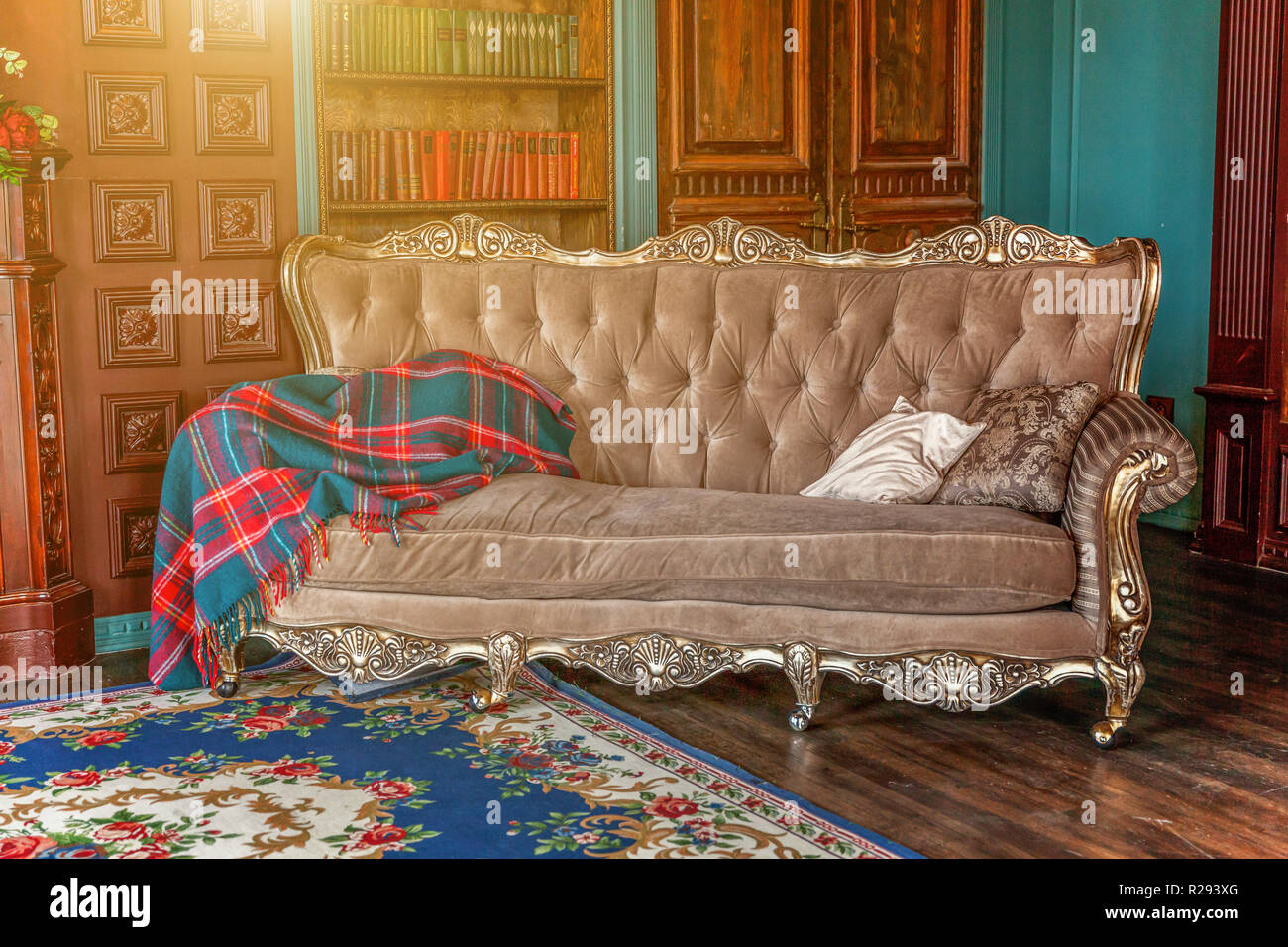 Luxury classic interior of home library. Sitting room with bookshelf ...