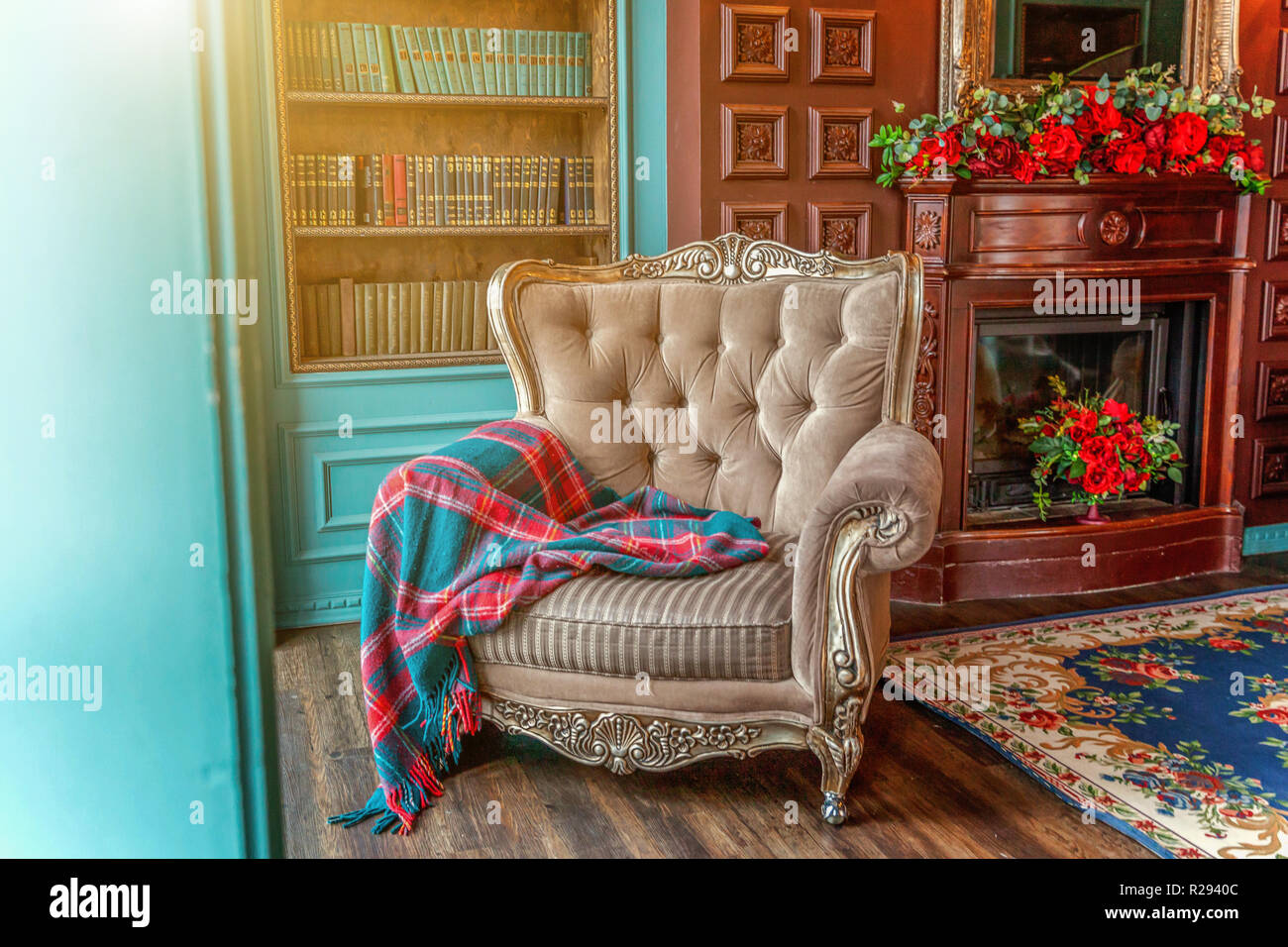 Luxury classic interior of home library. Sitting room with bookshelf ...